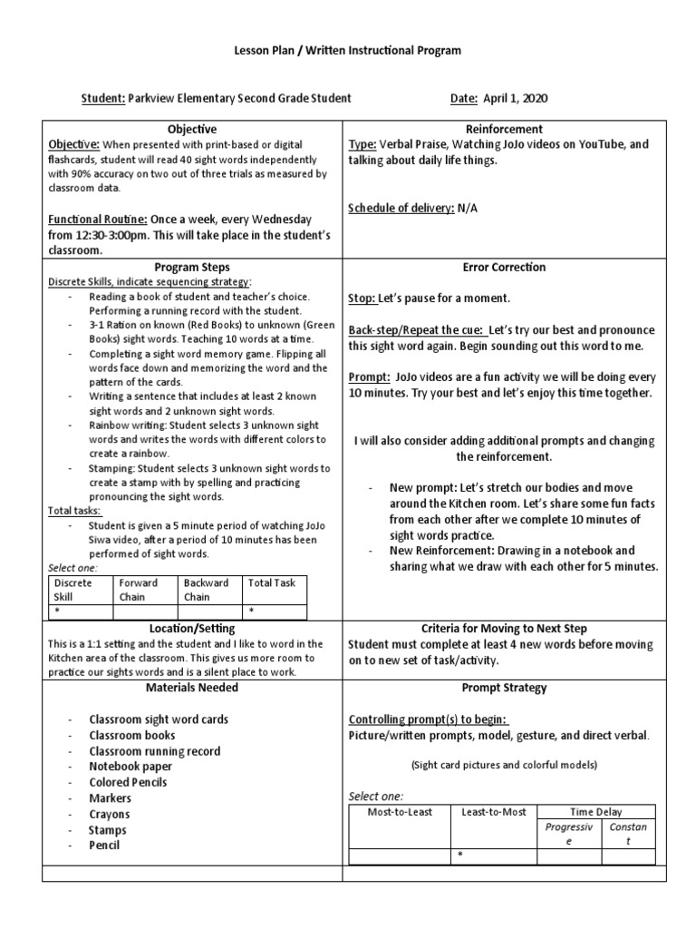 Second Grade Sight Words Lesson Plan | PDF | Reinforcement | Classroom