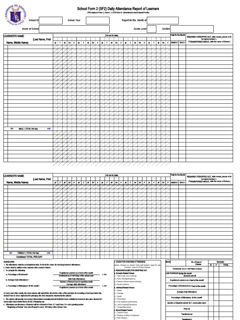 School Form 2 (SF2) Daily Attendance Report of Learners | PDF ...