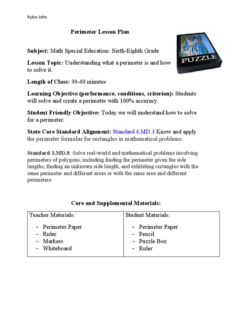 Perimeter Lesson Plan | PDF | Area | Lesson Plan