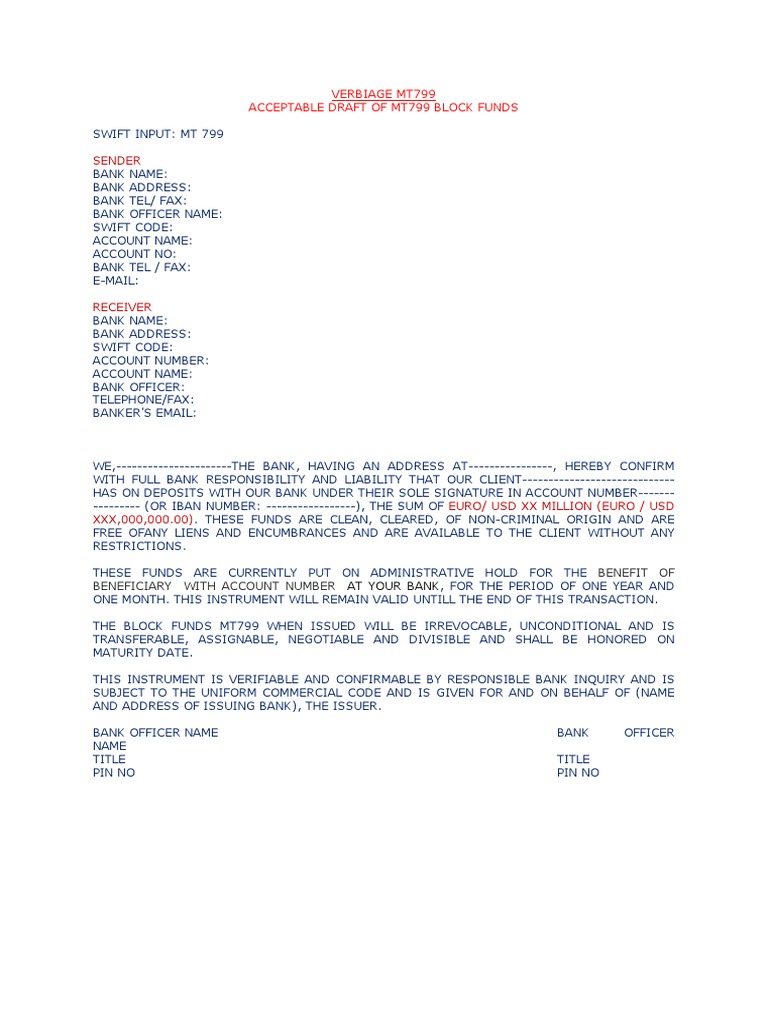 Sender: Verbiage Mt799 Acceptable Draft of Mt799 Block Funds | PDF