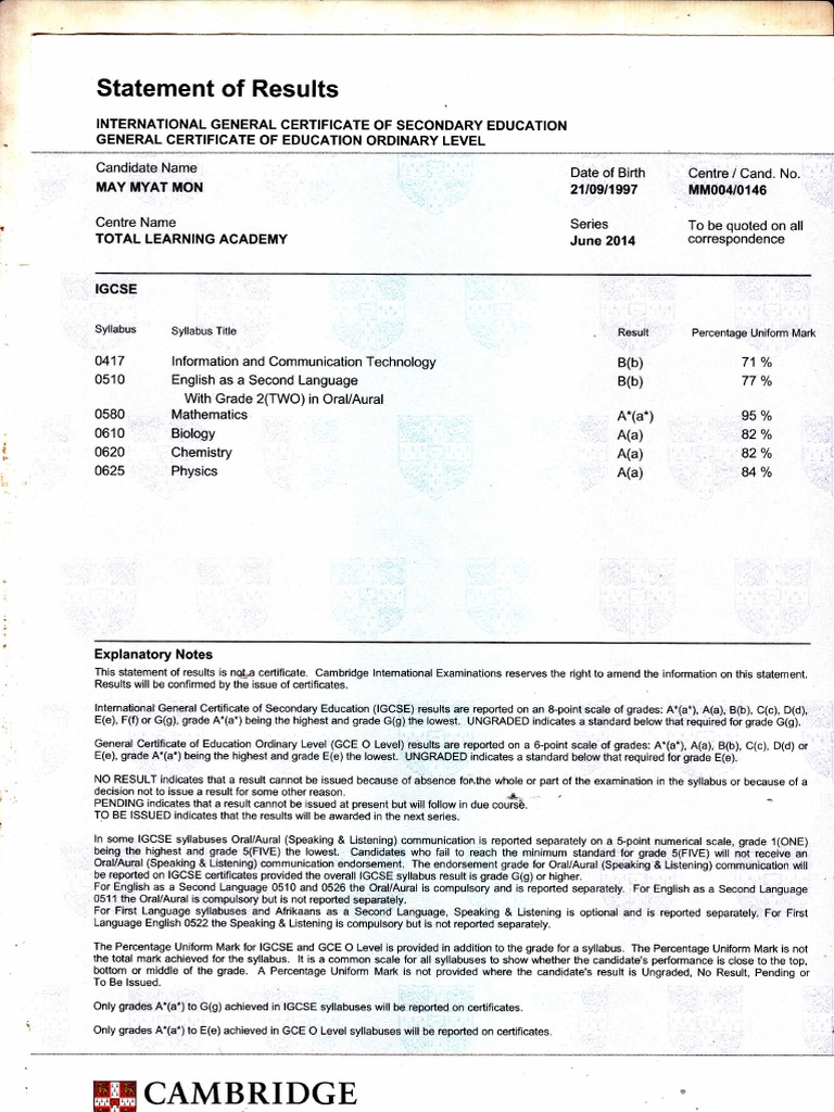 Cambridge: Statement Results | PDF | Educational Assessment And ...