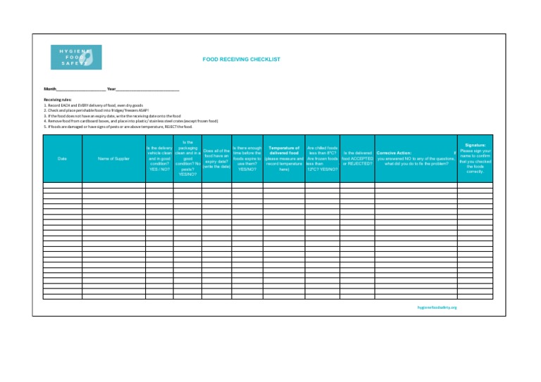 Food Receiving Checklist: Month - Year | PDF | Refrigerator | Food Industry