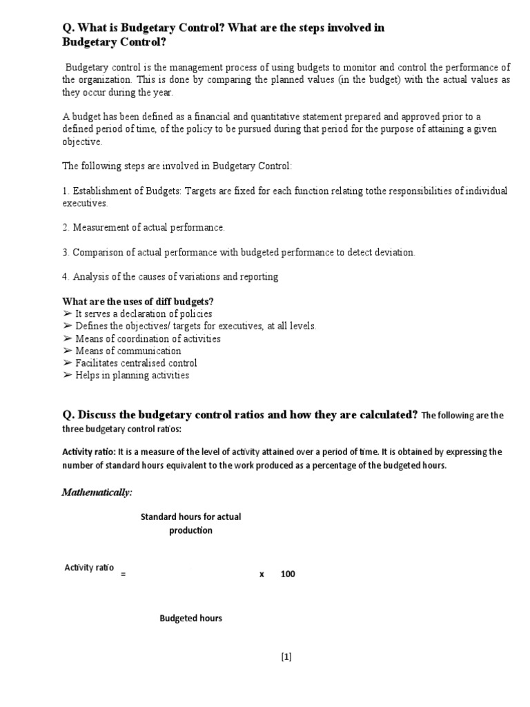 Budgetary Control Ratios and BudgetaryControl and Reporting
