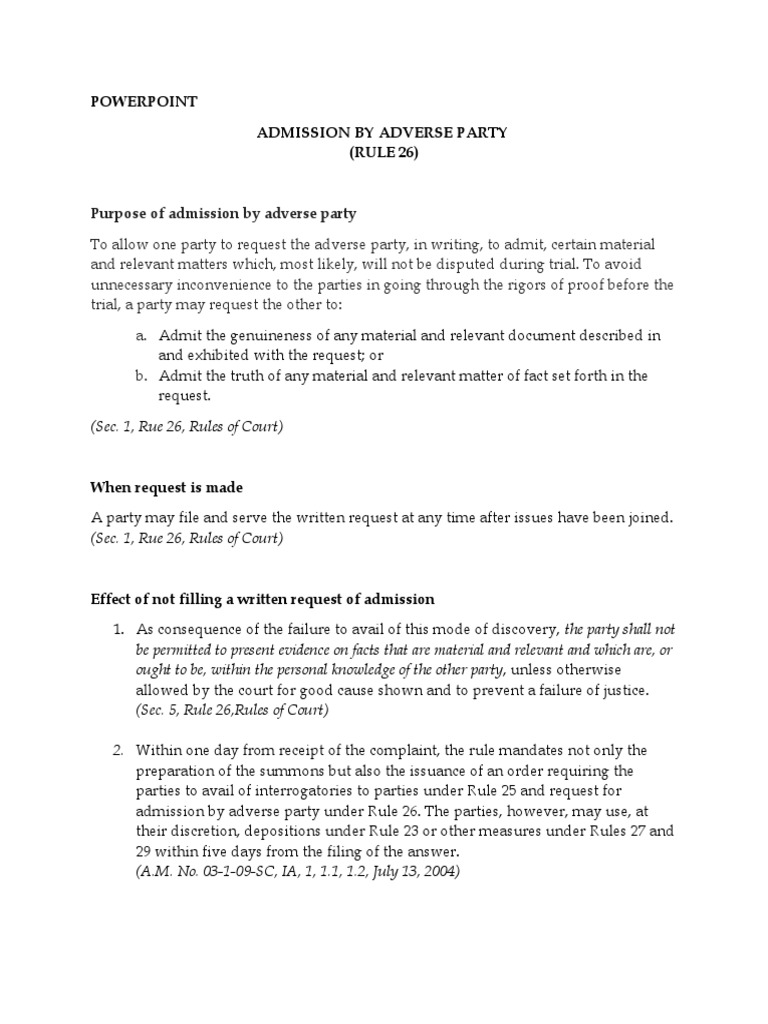 Admission by Adverse Party (Rule 26) | PDF | Discovery (Law) | Legal ...
