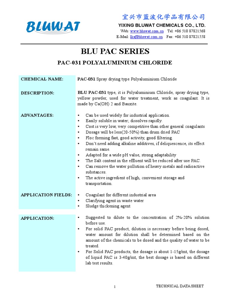 Technical Data Sheet for Bluwat Chemicals' PAC-031 Spray Drying Type ...