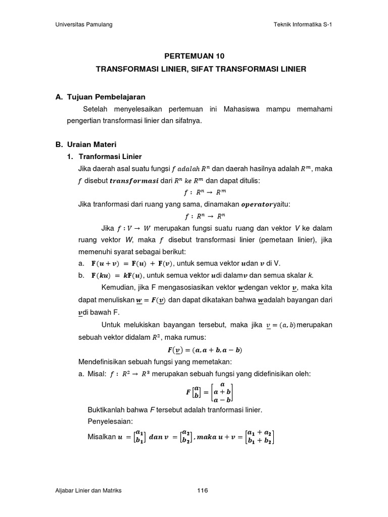 TPL0132 - 10 - Transformasi Linier, Sifat Transformasi Linier PDF | PDF
