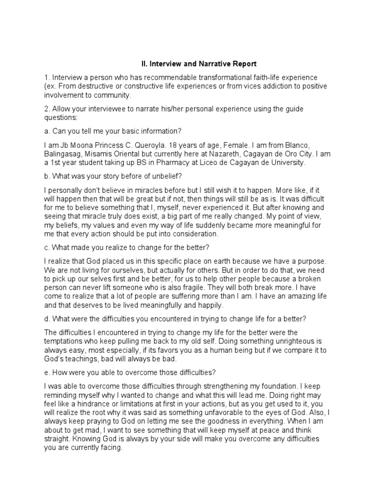 II. Interview and Narrative Report | PDF | Faith | Religion And Belief