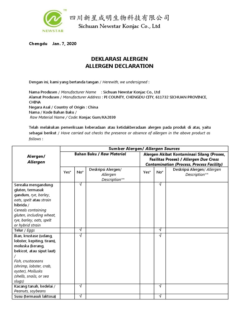 Allergen Declaration Bilingual 220519 NS | PDF