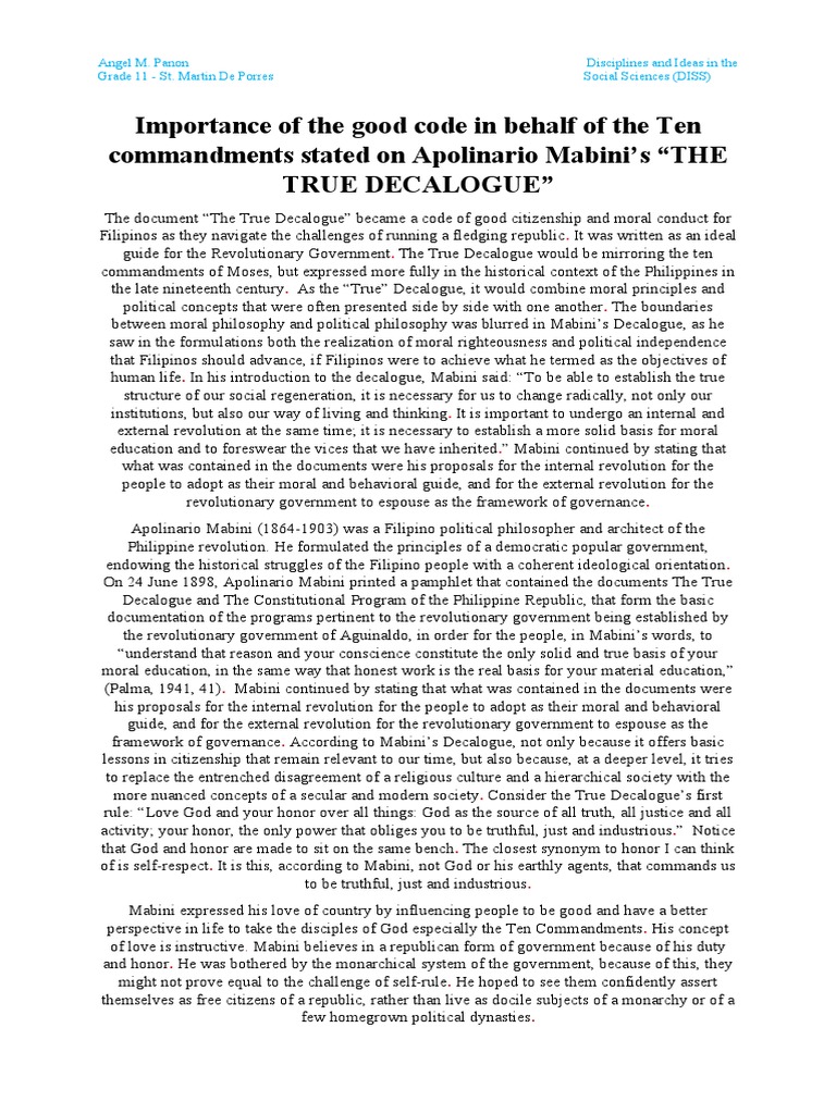 Importance of The Good Code in Behalf of The Ten Commandments Stated On Apolinario Mabini's "THE ...