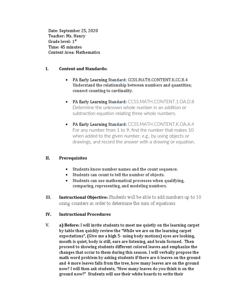 Adding Numbers Up to 10 Lesson Plan | PDF | Reason | Teaching Mathematics