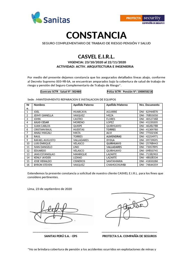 Constancia SCTR Octubre 2020 | Descargar gratis PDF | Riesgo financiero | Seguro