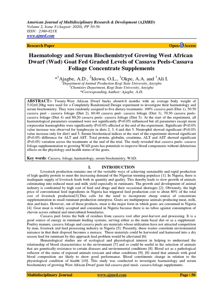 Haematology and Serum Biochemistryof Growing West African Dwarf (Wad ...