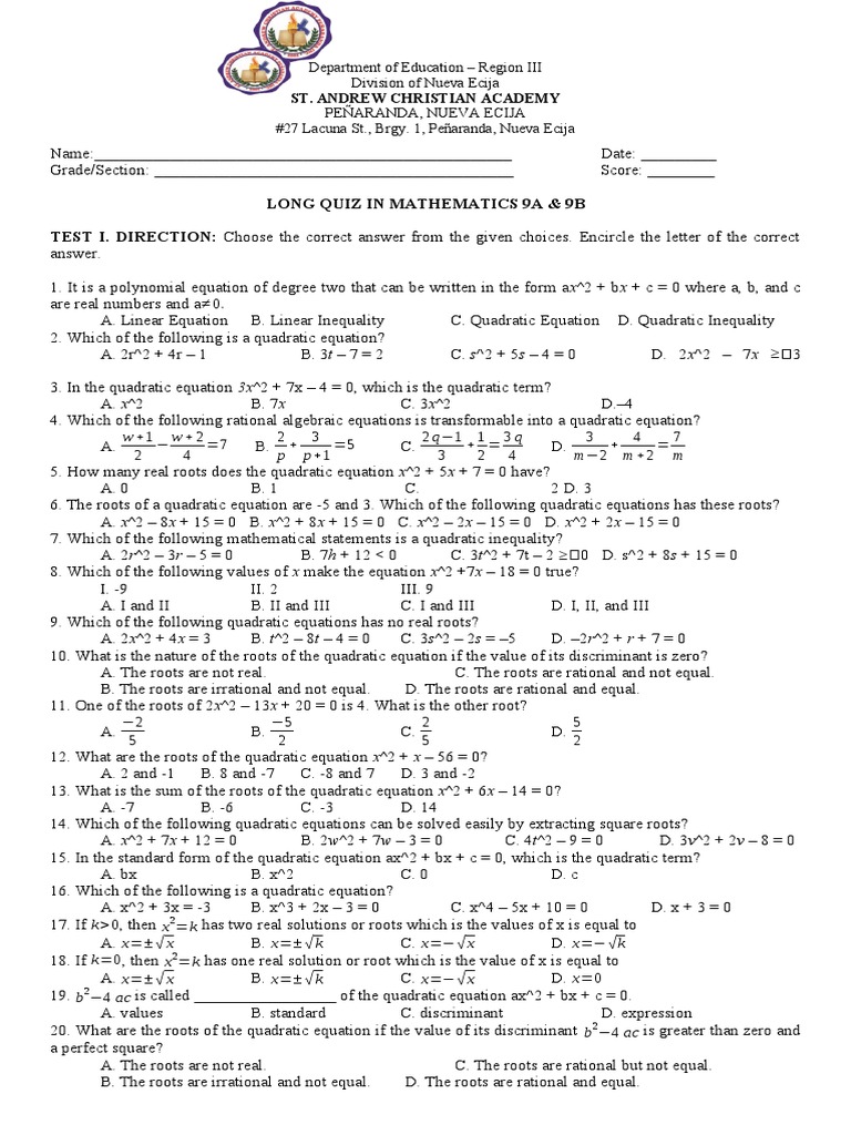 1st Quarter Exam in Math9 | PDF | Quadratic Equation | Equations