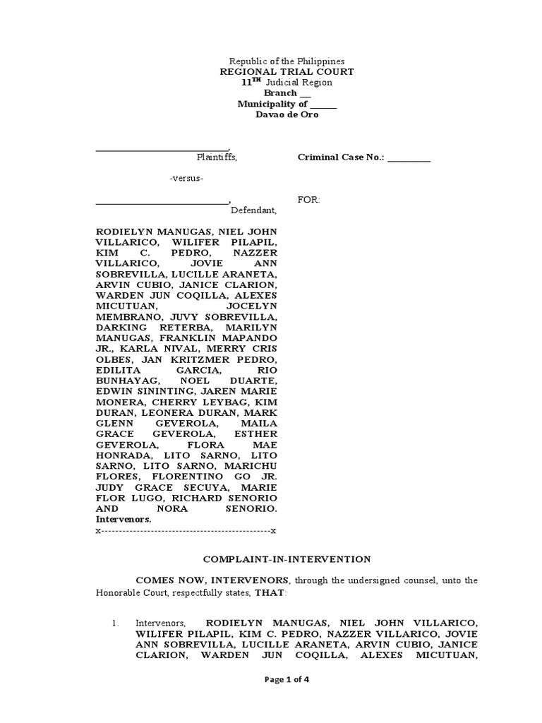 Sample Complaint in Intervention | PDF | Affidavit | Lawsuit