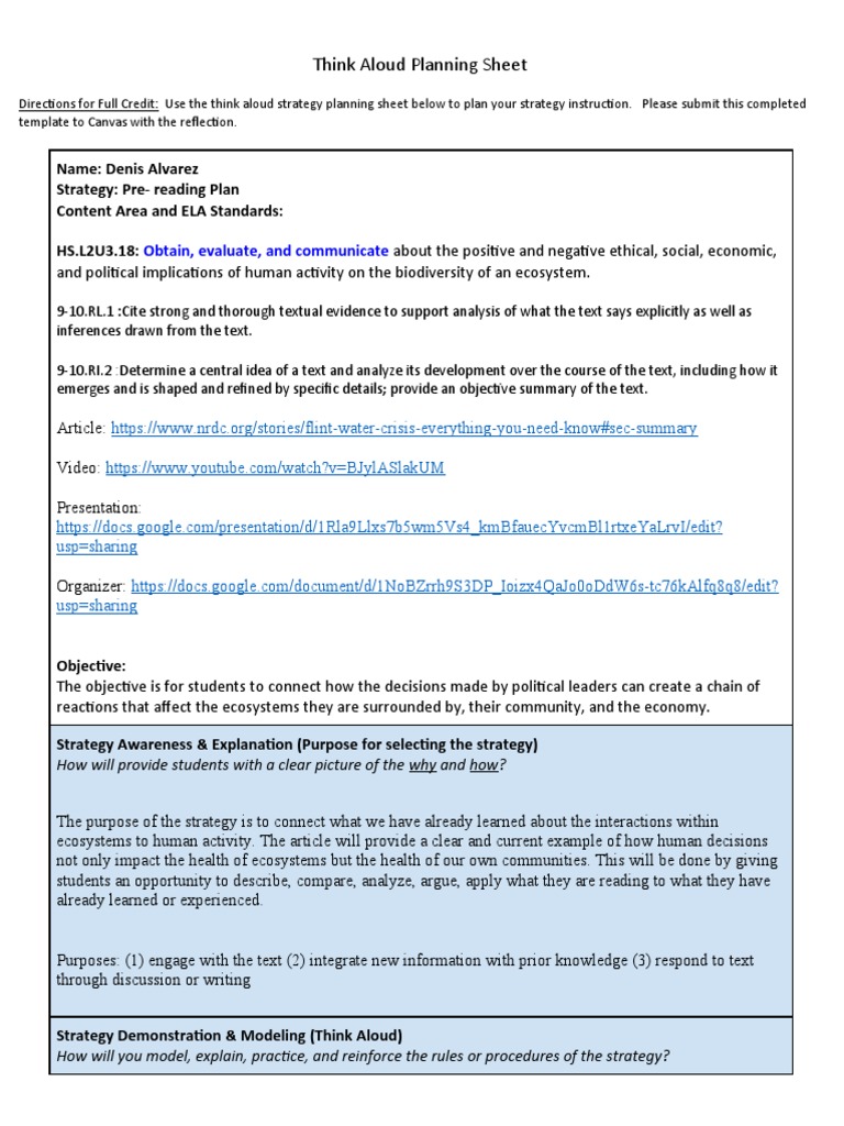 Think Aloud Planning Sheet | PDF | Flint Water Crisis | Learning