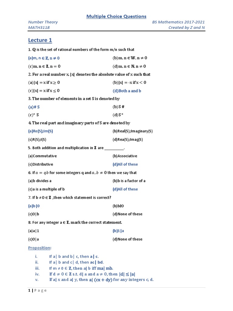 Number Theory MCQs | PDF | Prime Number | Equations