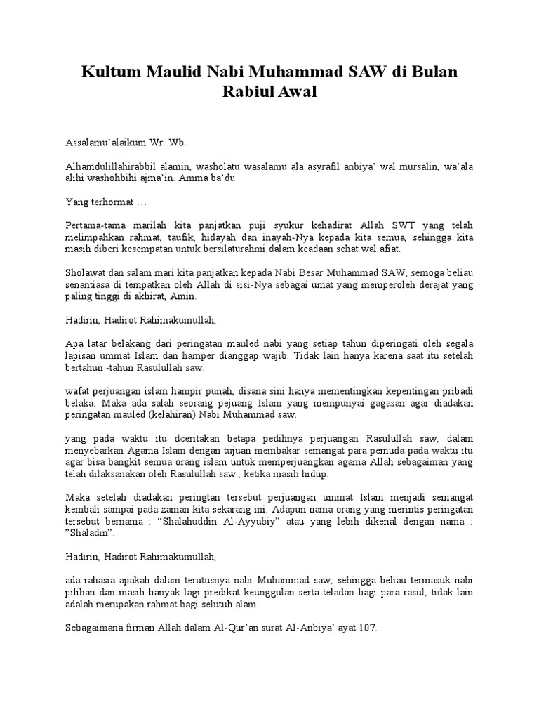 Kultum Maulid Nabi Muhammad SAW Di Bulan Rabiul Awal | PDF