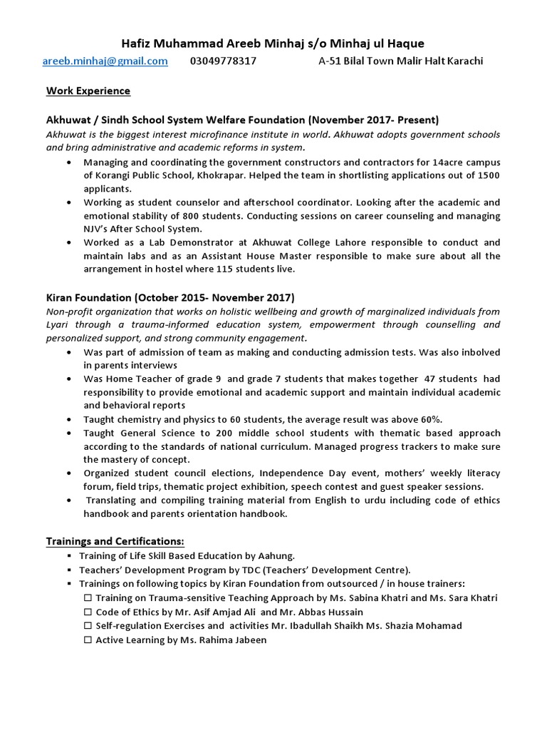 Areeb Minhaj CV - Areeb Minhaj | PDF | Cognition | Behavior Modification