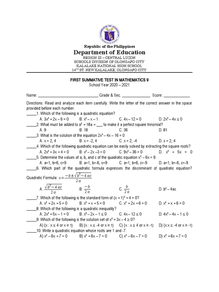 Grade 9 - Q1 Summative | PDF | Quadratic Equation | Equations