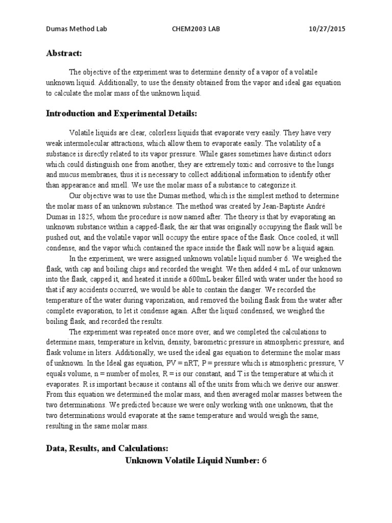 Dumas Method Lab | PDF | Evaporation | Mole (Unit)
