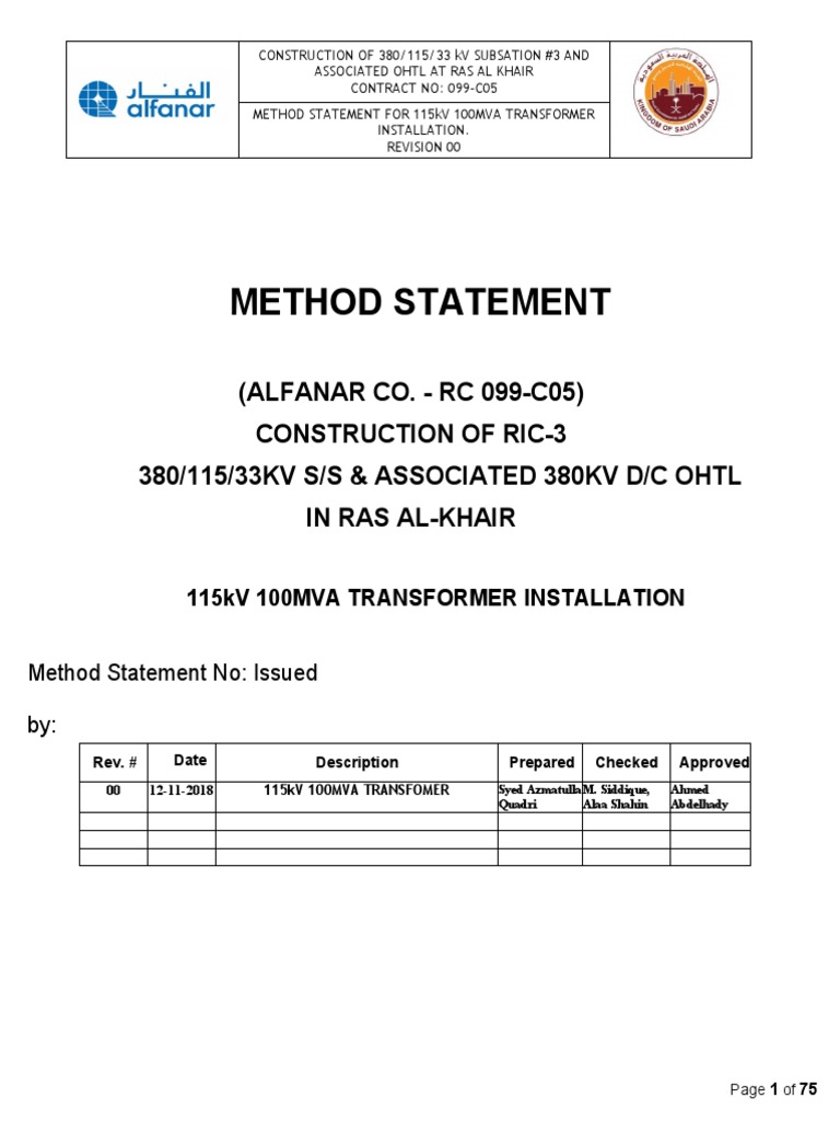 Method Statement - 115kV 100 MVA Transformer Installation | PDF ...