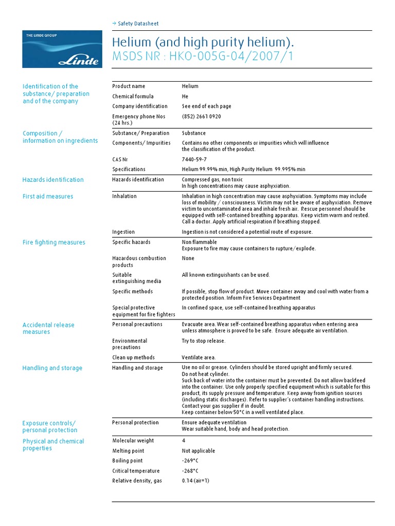 MSDS NR: HKO-005G-04/2007/1: Helium (And High Purity Helium) | PDF ...