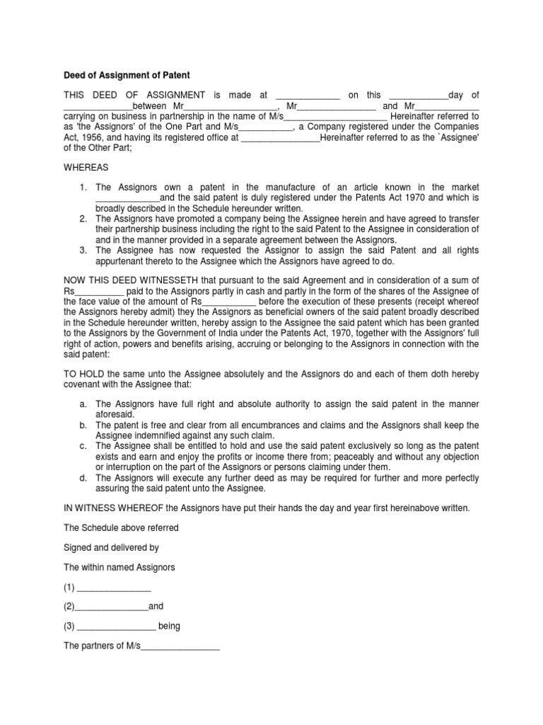 Deed of Assignment of Patent | PDF | Assignment (Law) | Civil Law ...