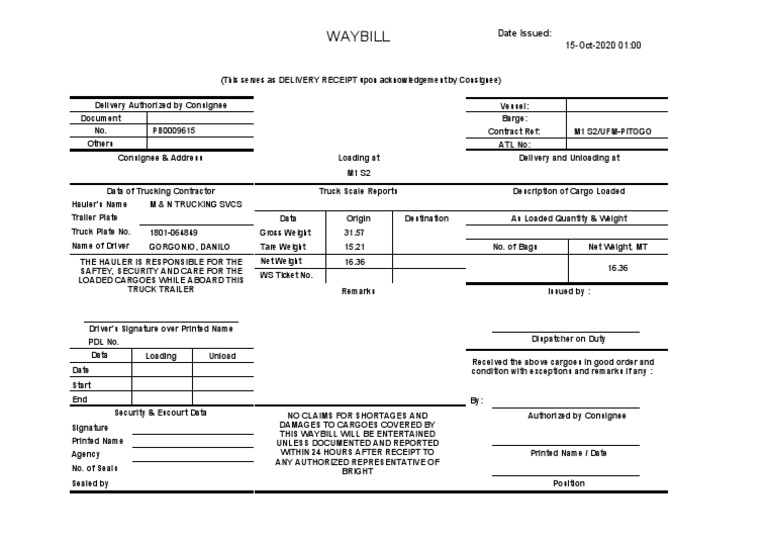 Waybill: (This Serves As DELIVERY RECEIPT Upon Acknowledgement by ...