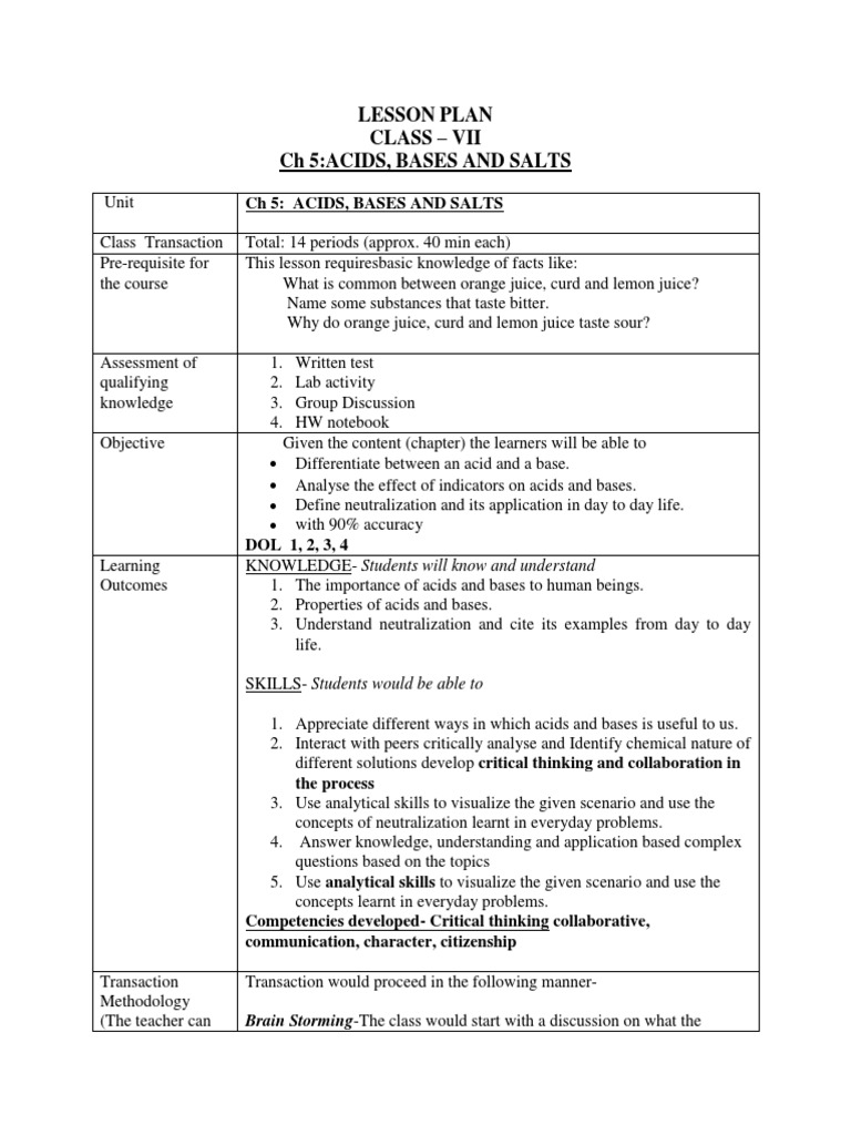 Lesson Plan Class - Vii CH 5:acids, Bases and Salts | PDF | Critical ...