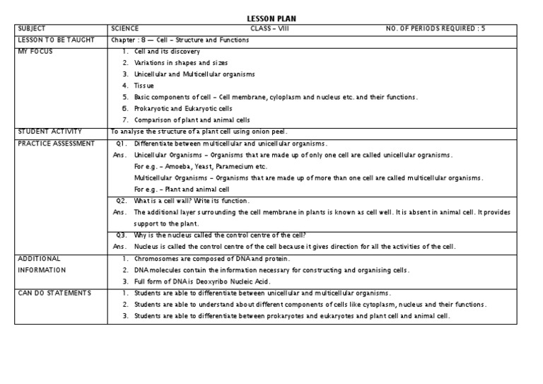 Lesson Plan: Subject Science Class - Viii No. of Periods Required: 5 ...