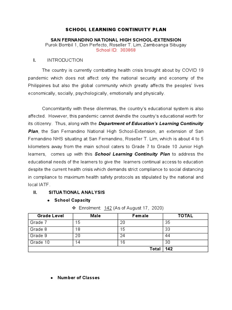 SFNHS - Extension's School Learning Continuity Plan | Download Free PDF ...