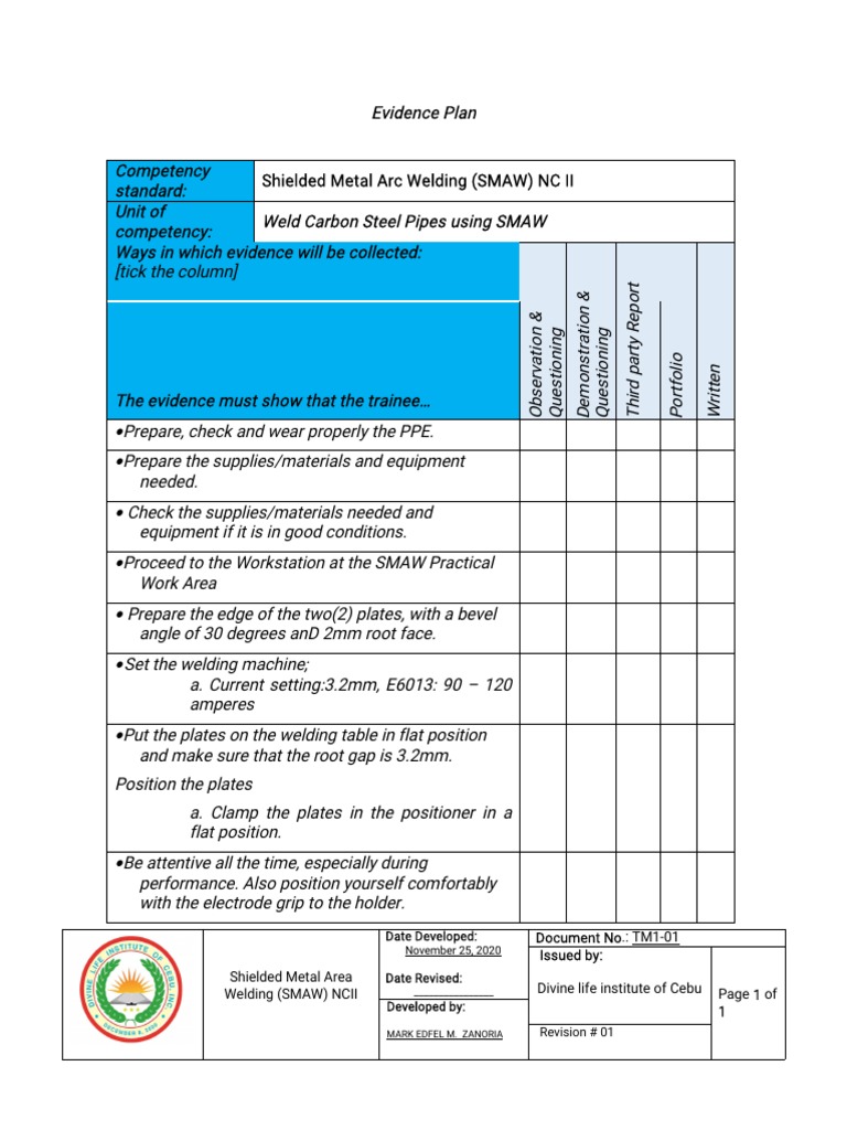 SMAW NCII Competency Evidence Plan | PDF