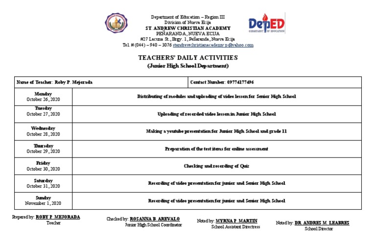 Daily Activities of Junior High Teachers | PDF