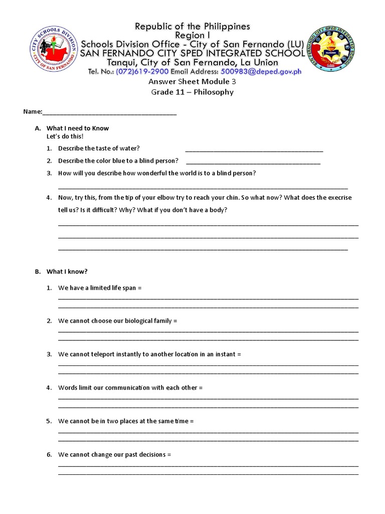 Grade 11 Philosophy Answer Sheet | PDF | Cognitive Science | Cognition