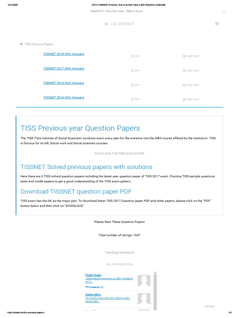 (PDF) TISSNET Previous Year Question Papers With Solutions Download 2 ...