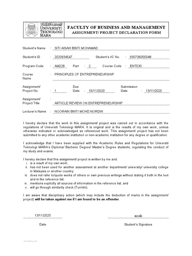 Assignment Project Declaration Form | PDF | Career & Growth | Business