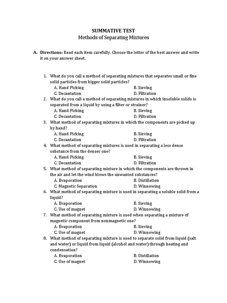 Summative Test Separating Mixtures | PDF | Filtration | Chemistry