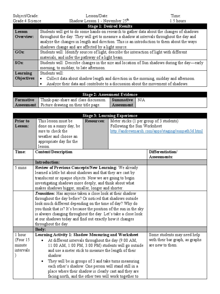 Sun Shadows Lesson Plan Grade 4 Science Download Free Pdf Shadow