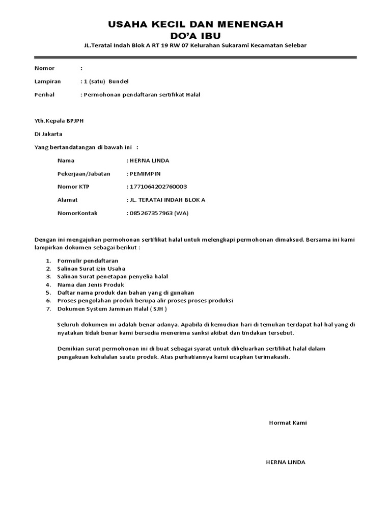 Surat Permohonan Sertifikat Halal | PDF