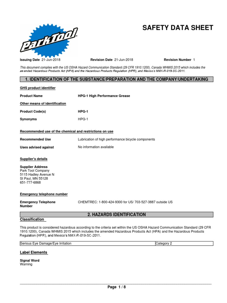 Safety Data Sheet: 1. Identification of The Substance/Preparation and The Company/Undertaking ...