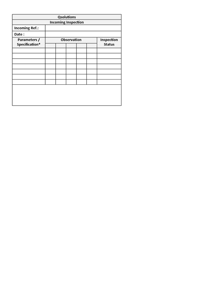 Qsolutions Incoming Inspection Incoming Ref.: Date: Parameters / Specification Observation ...