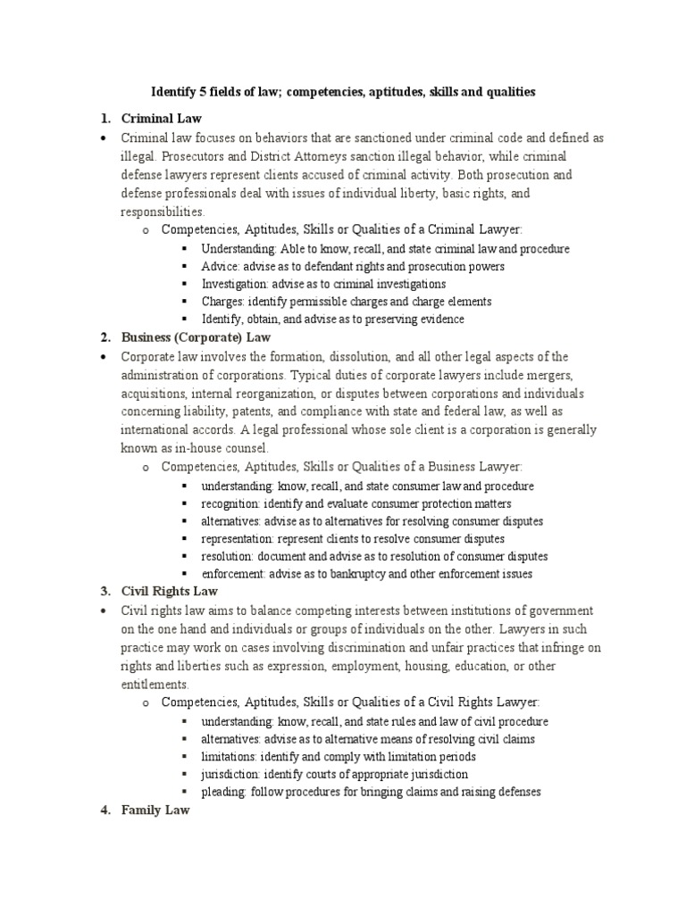 Identify 5 Fields of Law Competencies, Aptitudes, Skills and Qualities ...