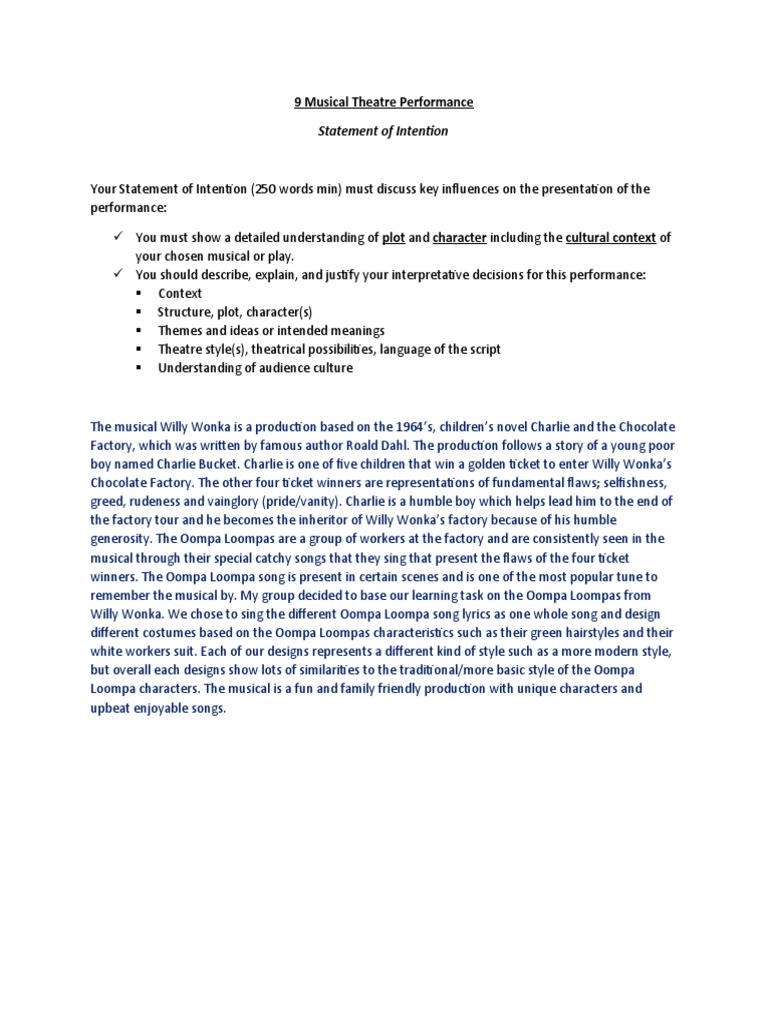 9 Musical Theatre Performance: Statement of Intention | PDF