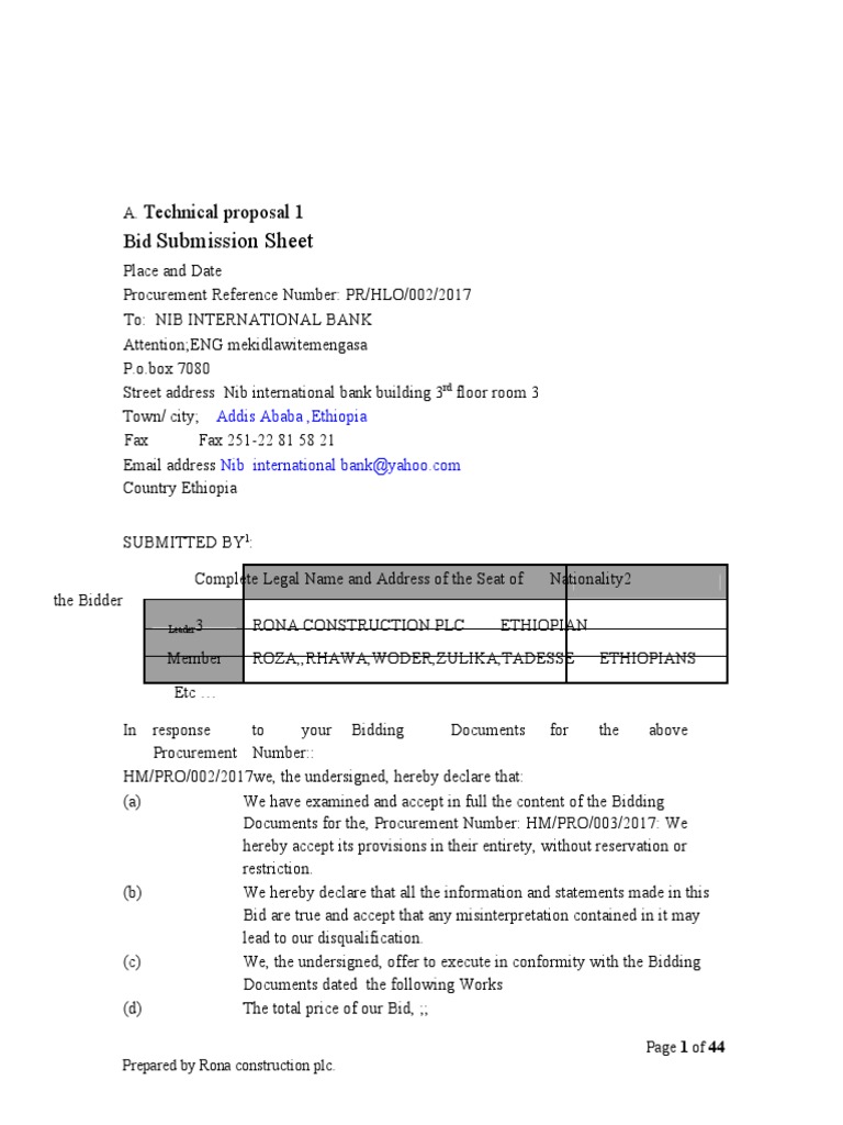 Submission Sheet: Technical Proposal 1 Bid | PDF | Concrete | Economic ...