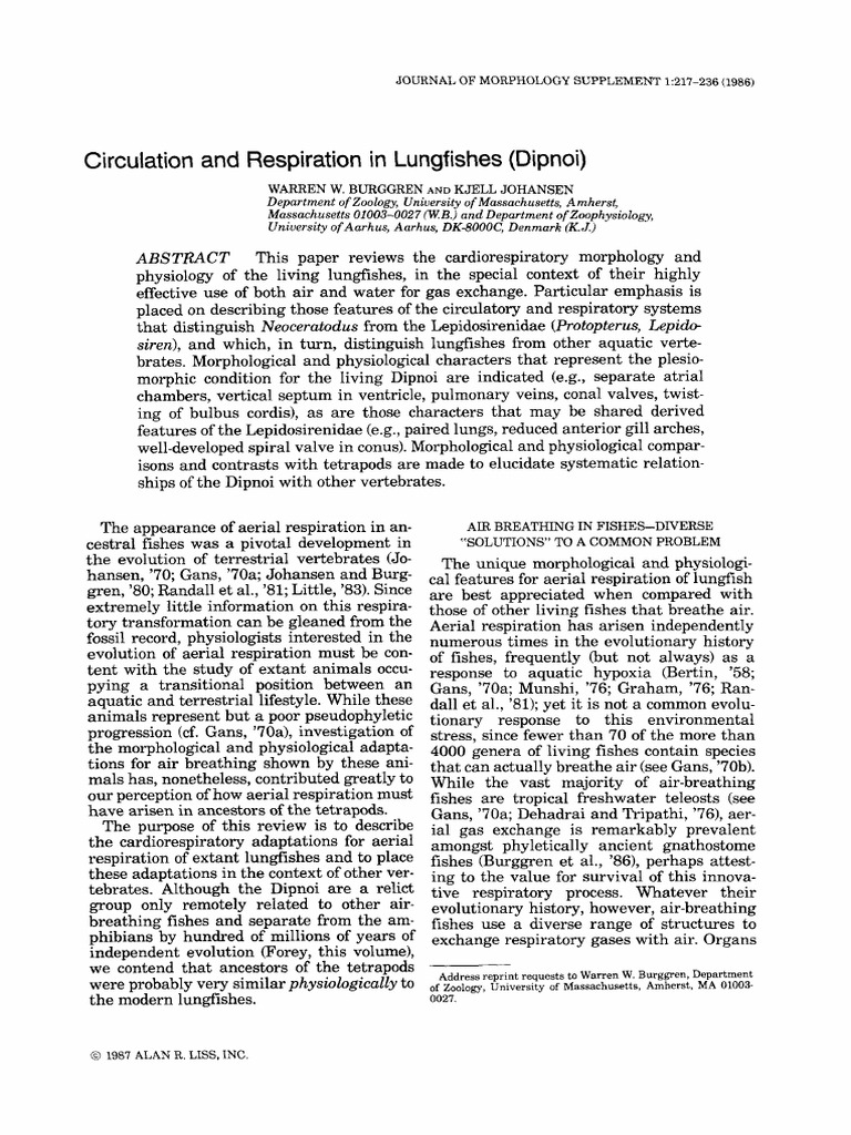 Circulation and Respiration Lungfishes (Dipnoi) : W B .) and Department ...