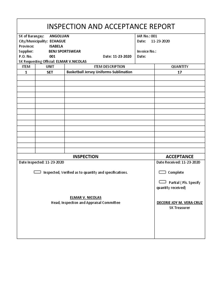 Inspection and Acceptance Report Jersey and SK Unoforms | PDF