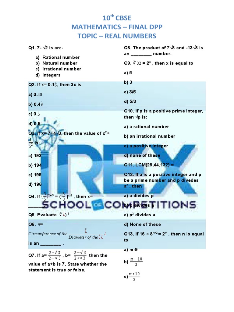 10 Cbse Mathematics - Final DPP Topic - Real Numbers | PDF | Numbers ...