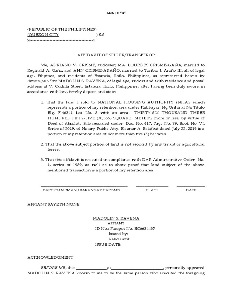 Affidavit of Seller-Transferor | PDF | Affidavit | Document