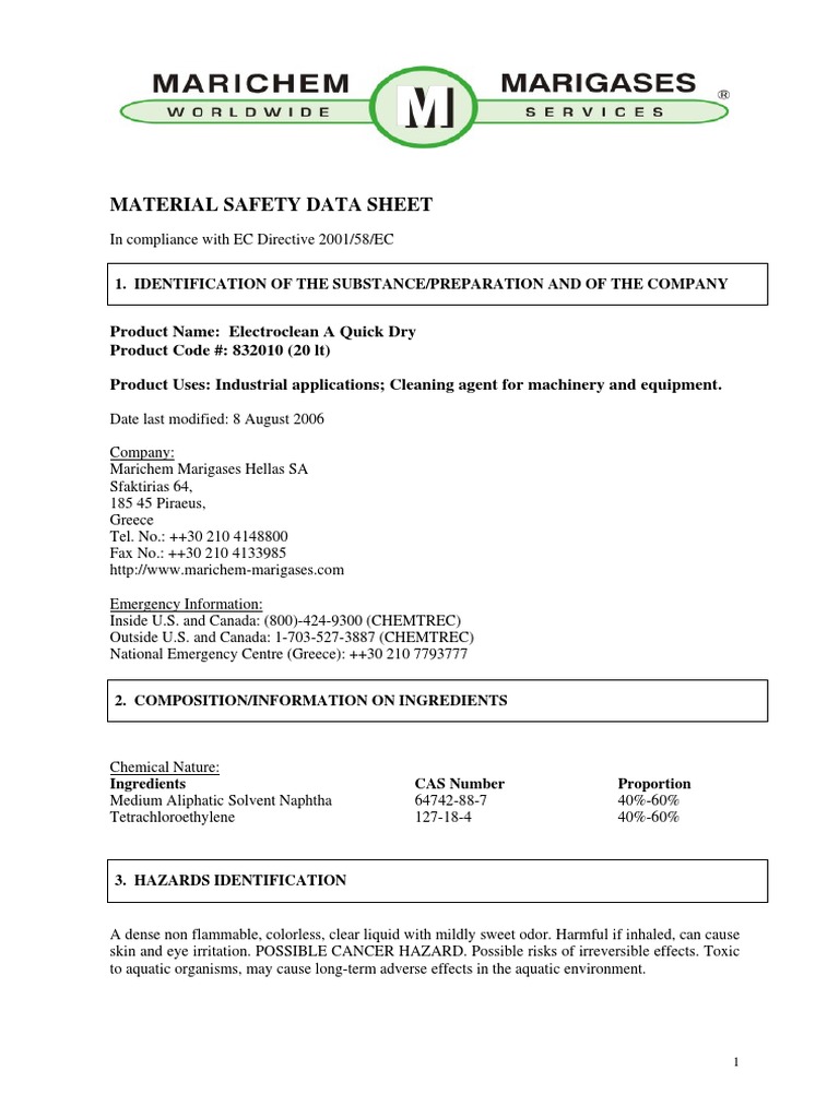 Electroclean A Quick Dry MSDS | PDF | Chlorine | Solvent