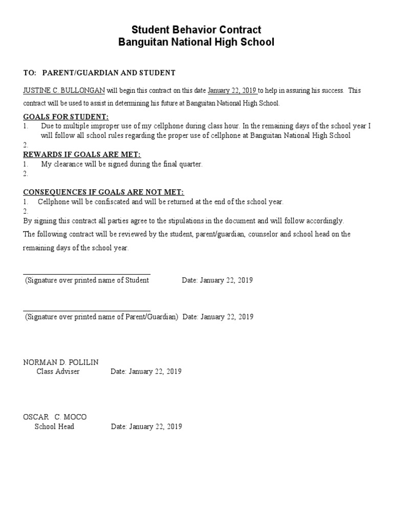 Student Behavior Contract Banguitan National High School: To: Parent ...
